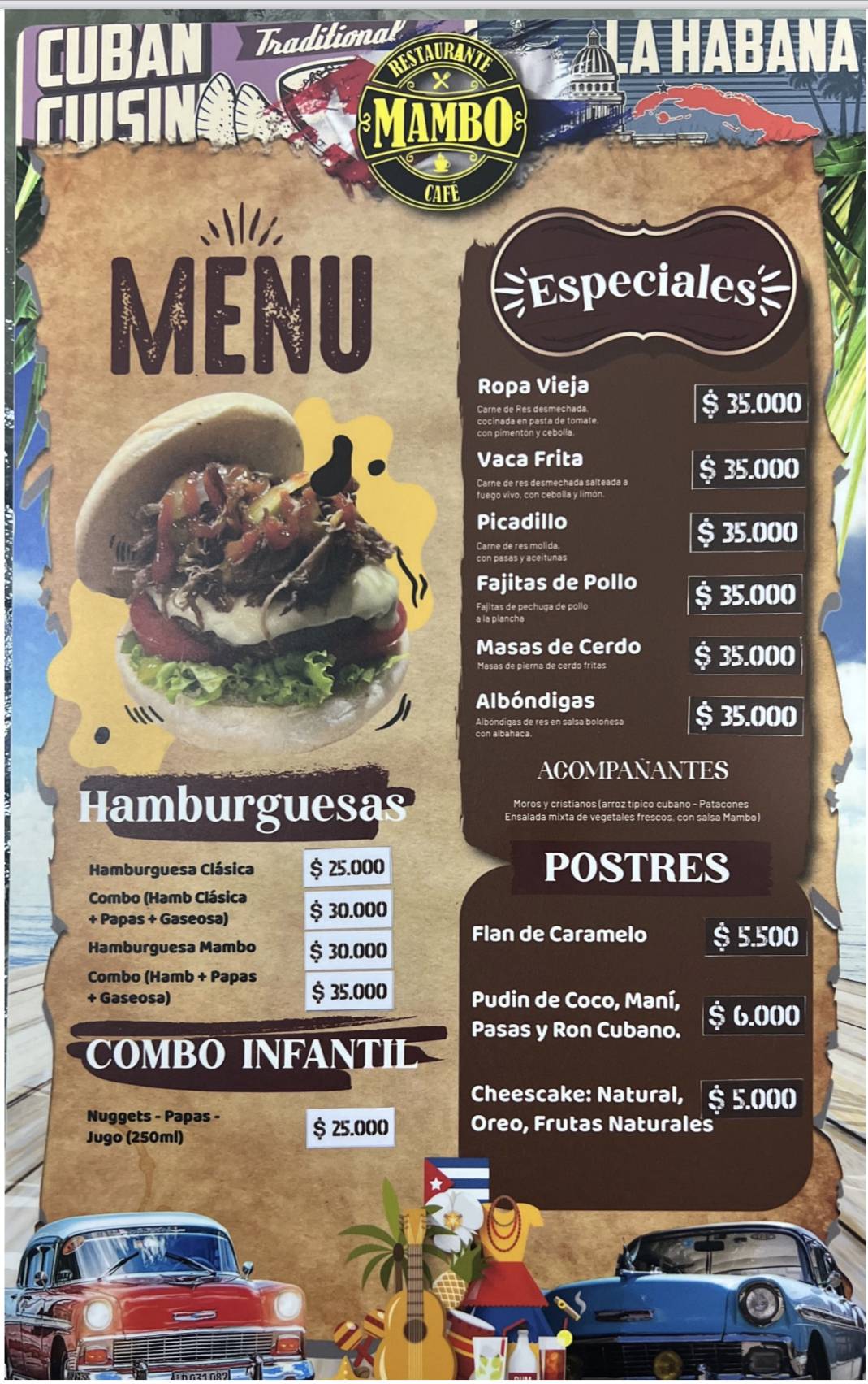 Carta de Mambo restaurante cubano, Santa Rosa de Cabal