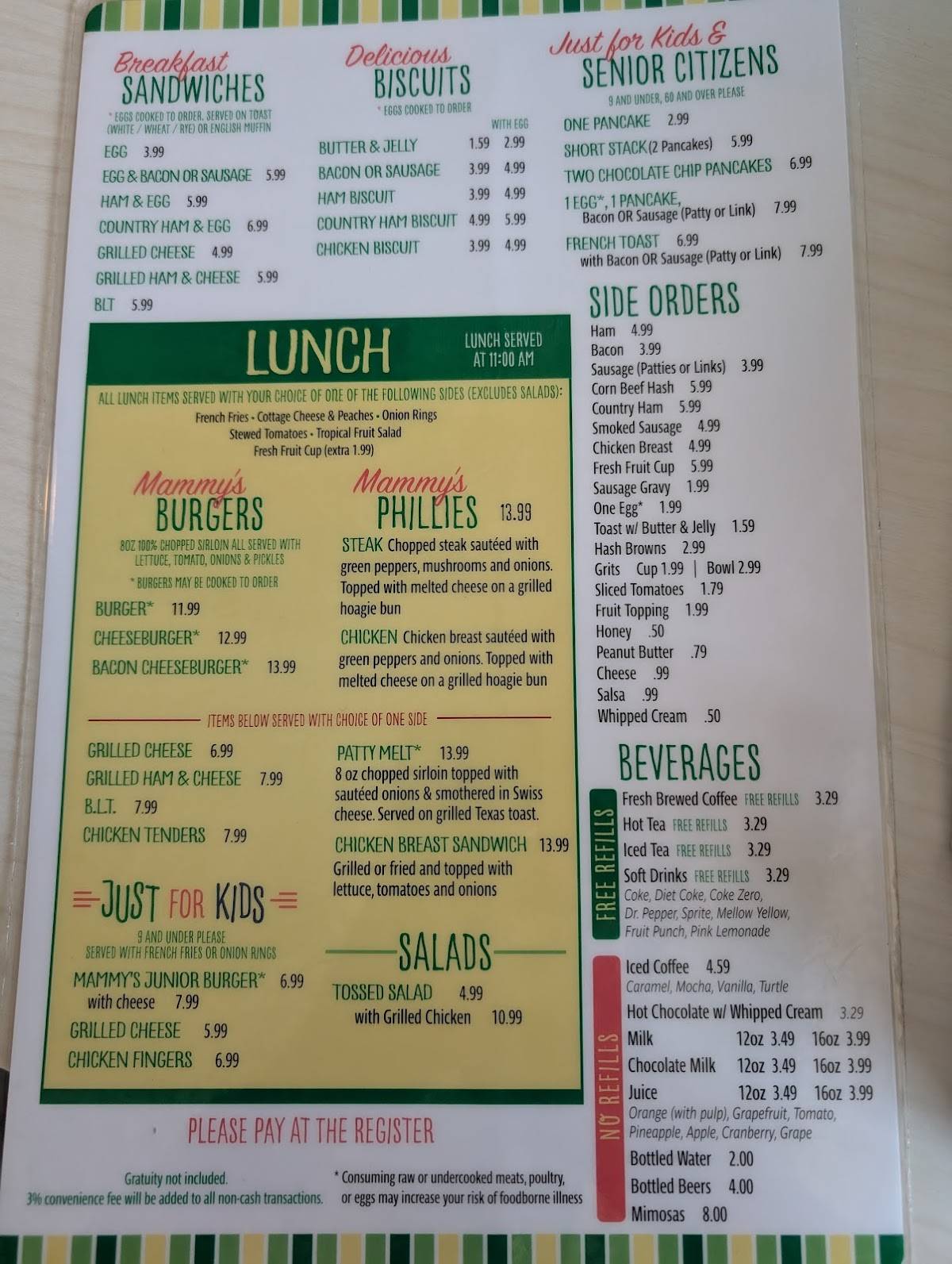 Menu at Mammy's Kitchen restaurant, Myrtle Beach, N Kings Hwy