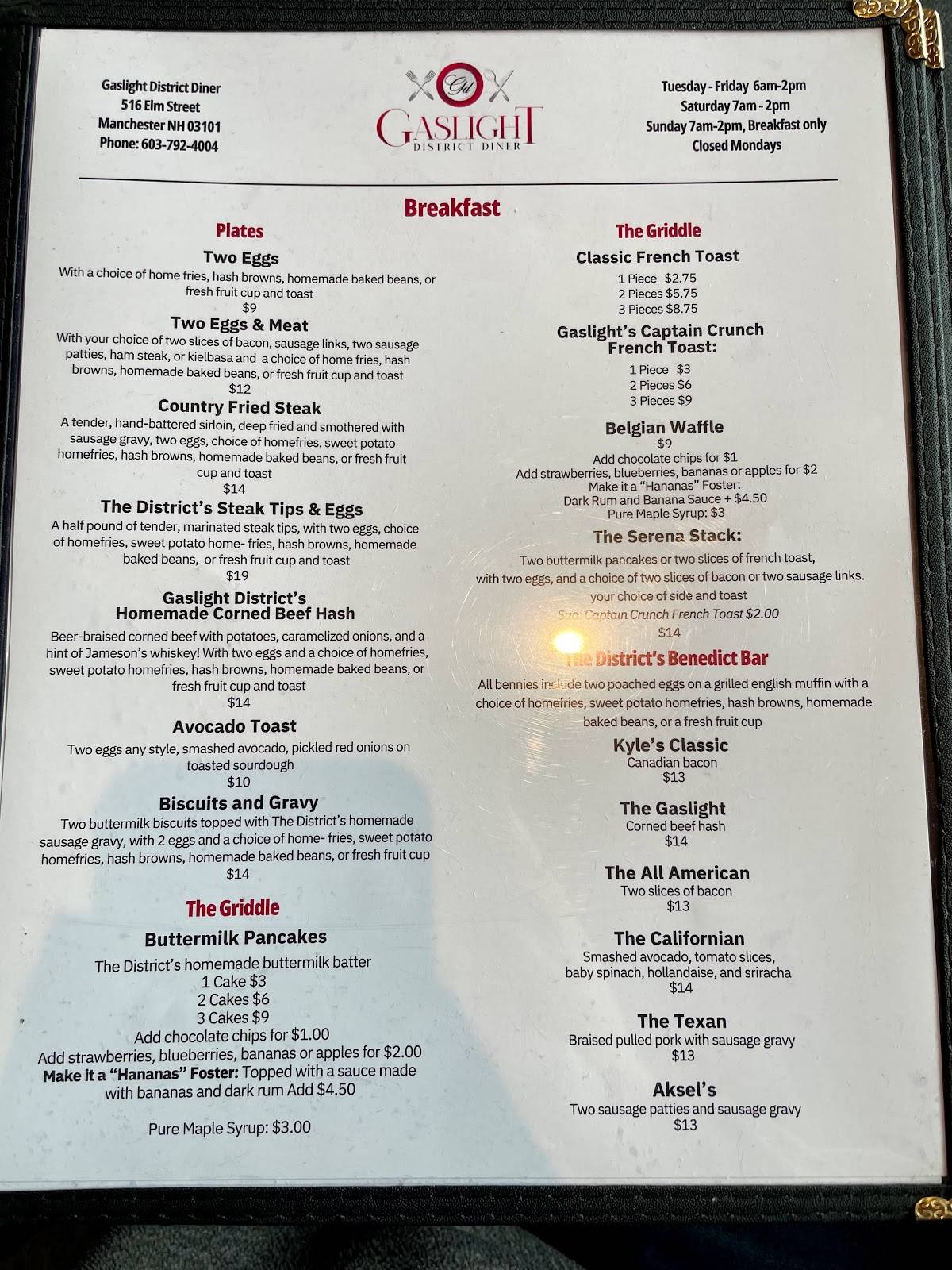 Menu at Gaslight District Diner restaurant, Manchester