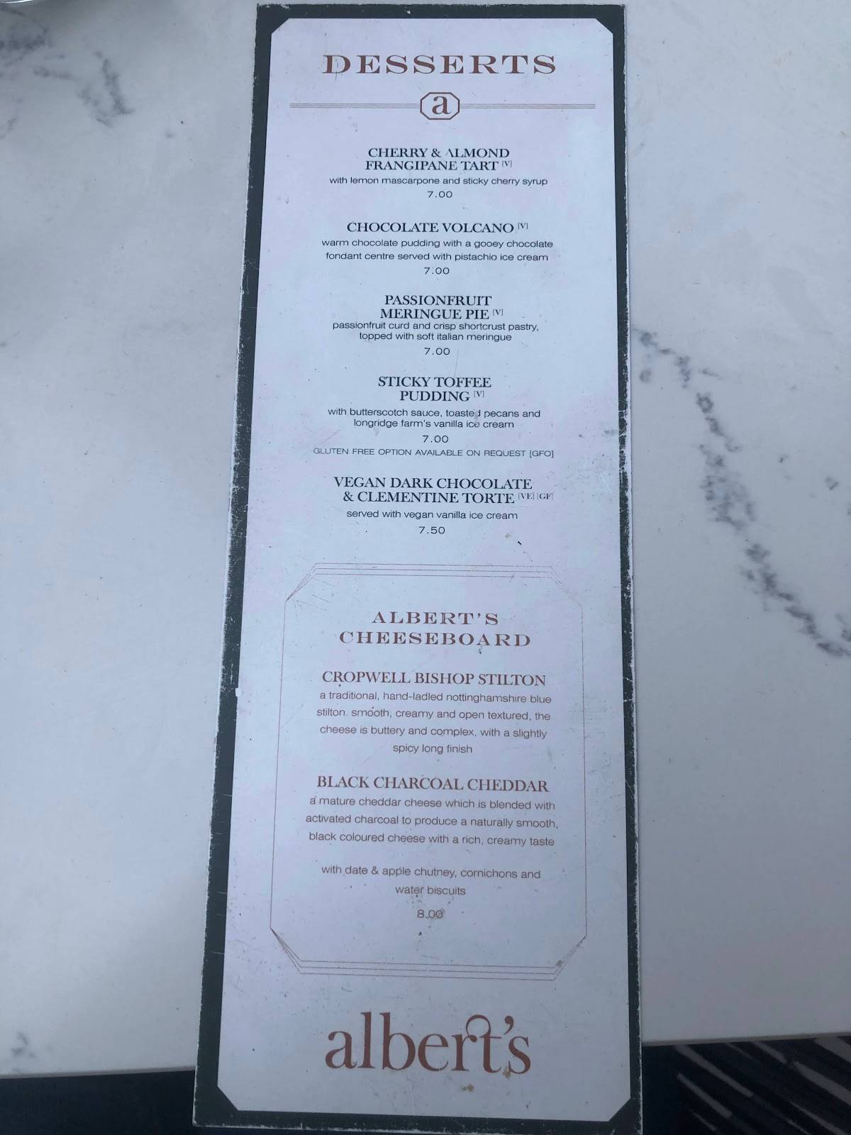 Menu at Albert’s Didsbury Restaurant & Bar, Manchester