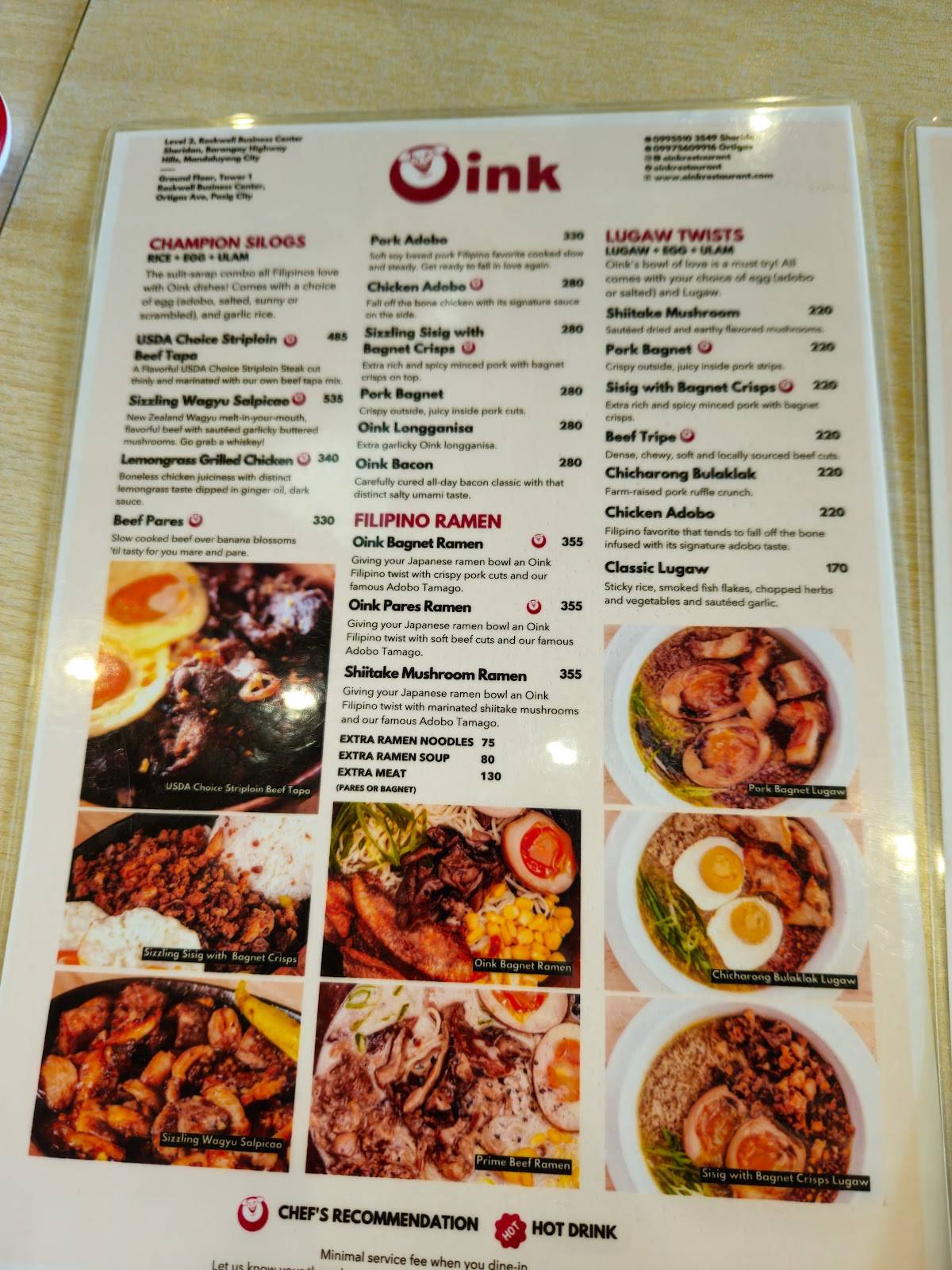 Menu at Oink at Rockwell Sheridan restaurant, Mandaluyong