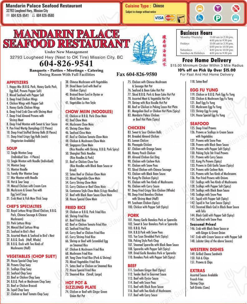 Menu at Mandarin Palace restaurant, Mission