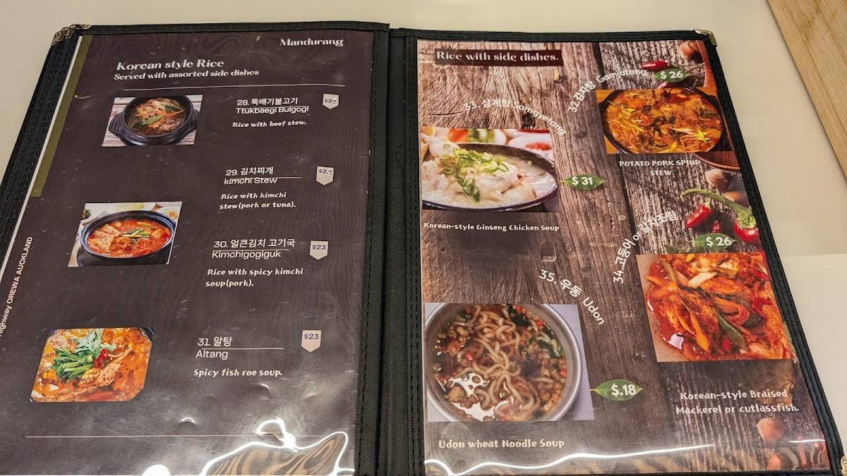 Menu at Mandurang korean restaurant, Orewa