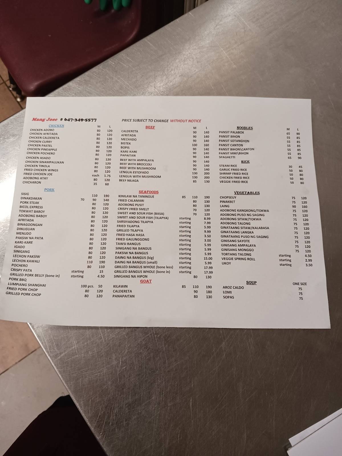 Menu at Mang Jose Filipino Cuisine restaurant, Toronto, Bathurst St