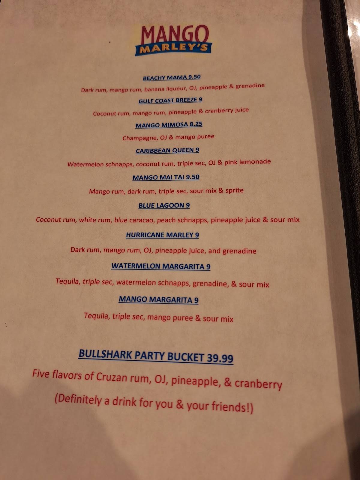 Menu at Mango Marley's restaurant, Mexico Beach