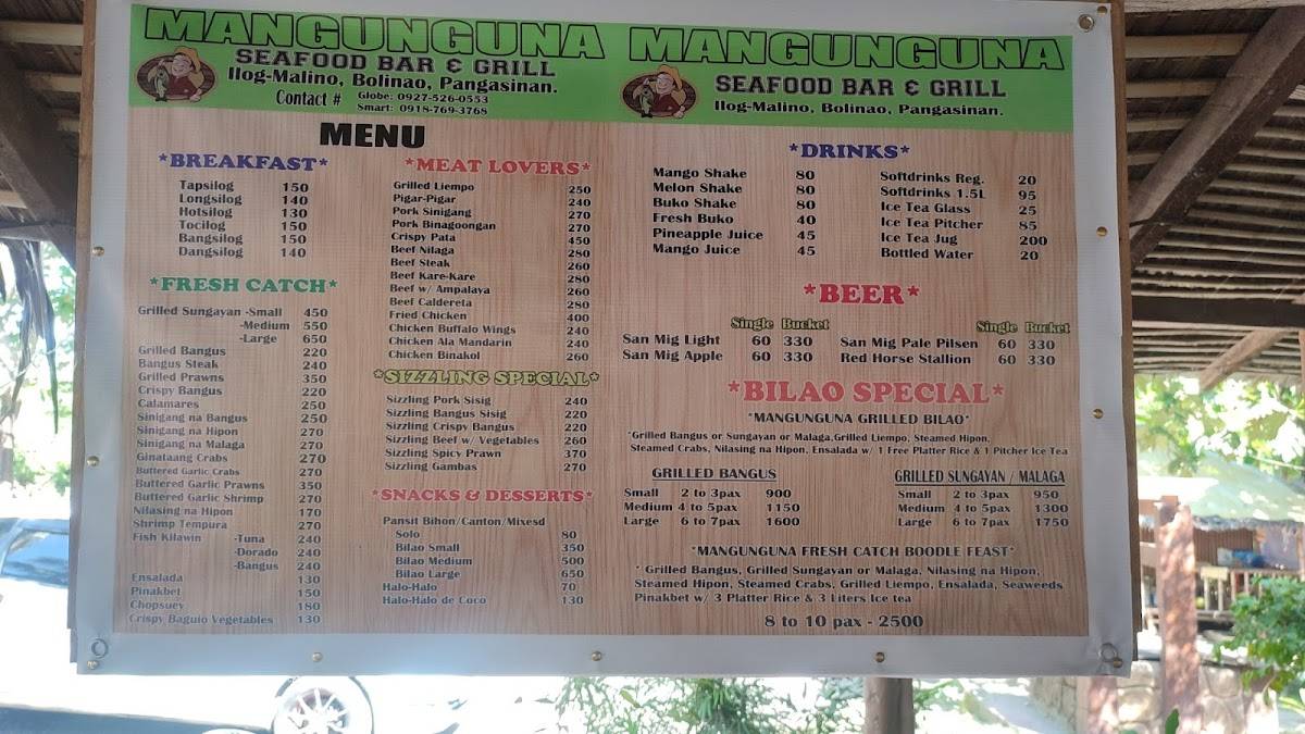 Menu at Mangunguna Seafood Bar And Grill, Bolinao
