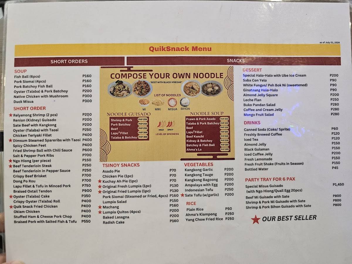 Carta de comida rápida Quik Snack, Manila
