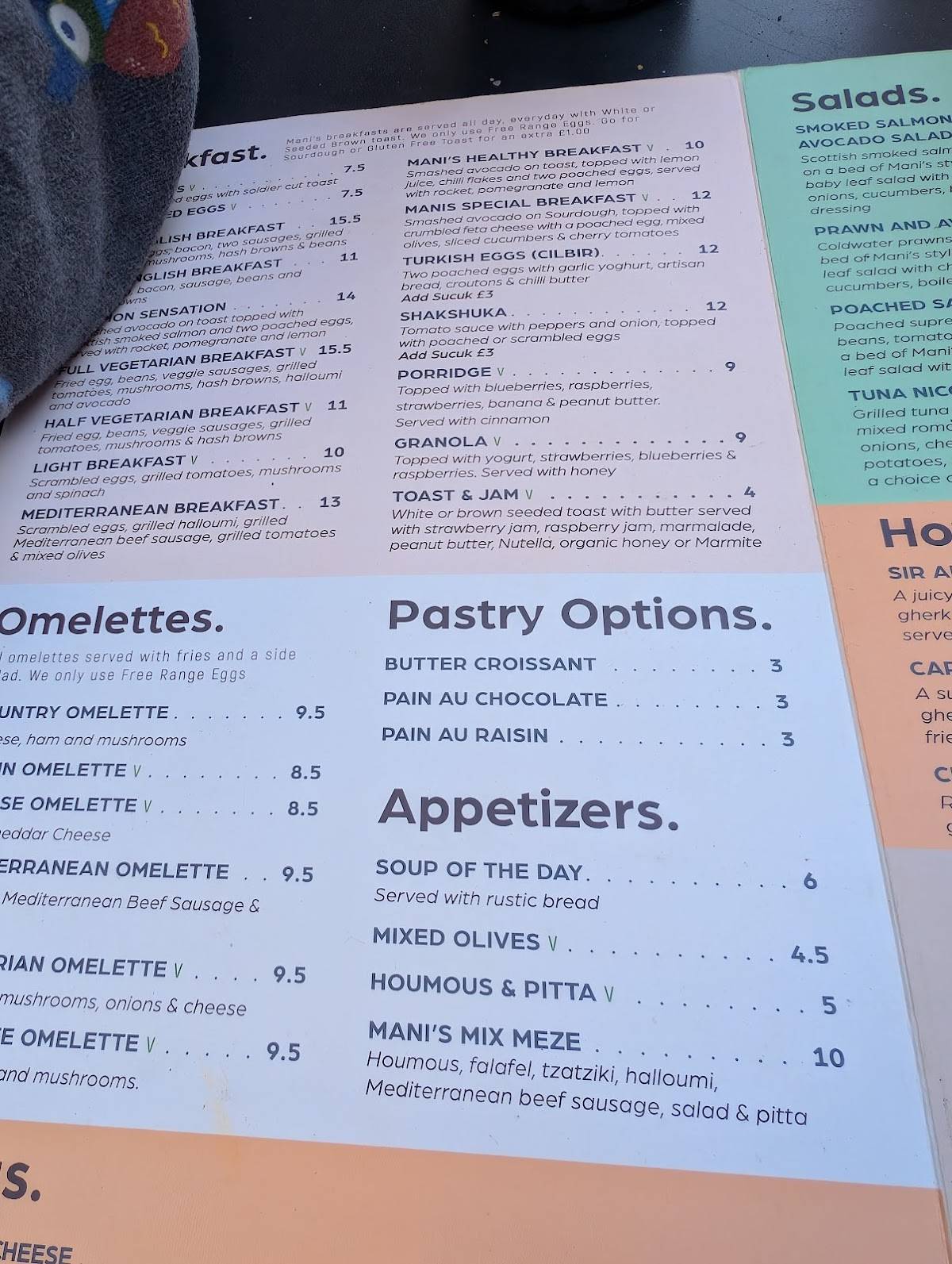 Menu at Mani's cafe, London, 12 Perrin's Ct