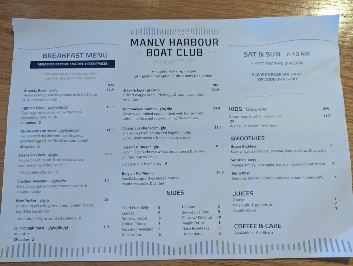 Menu at Manly Harbour Boat Club, Manly