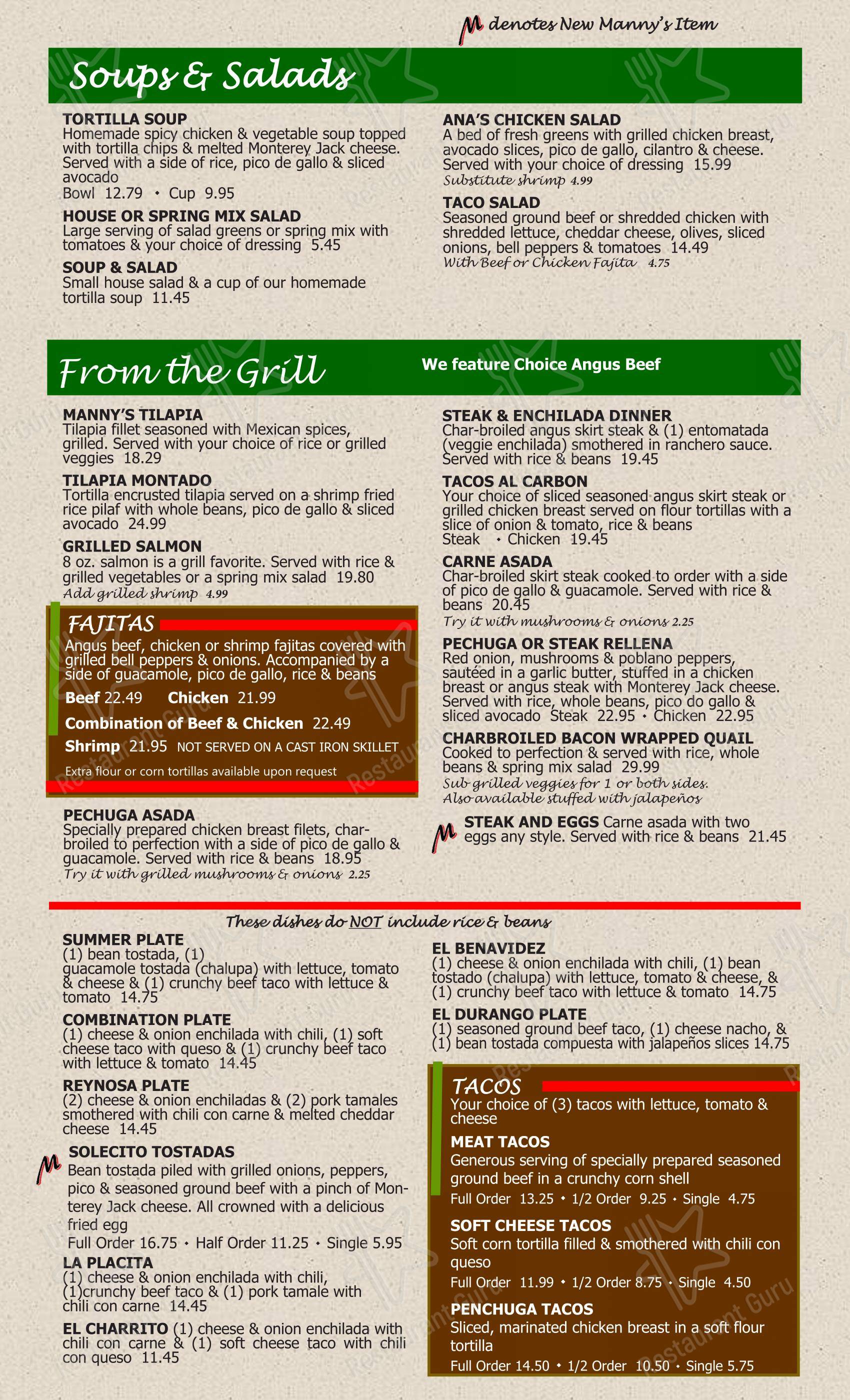 Carta de Manny's Tex-Mex Cafe, Tyler