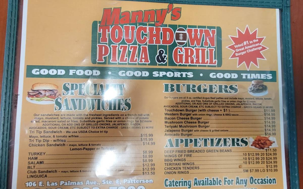 Menu at Manny’s Touchdown pizzeria, Patterson