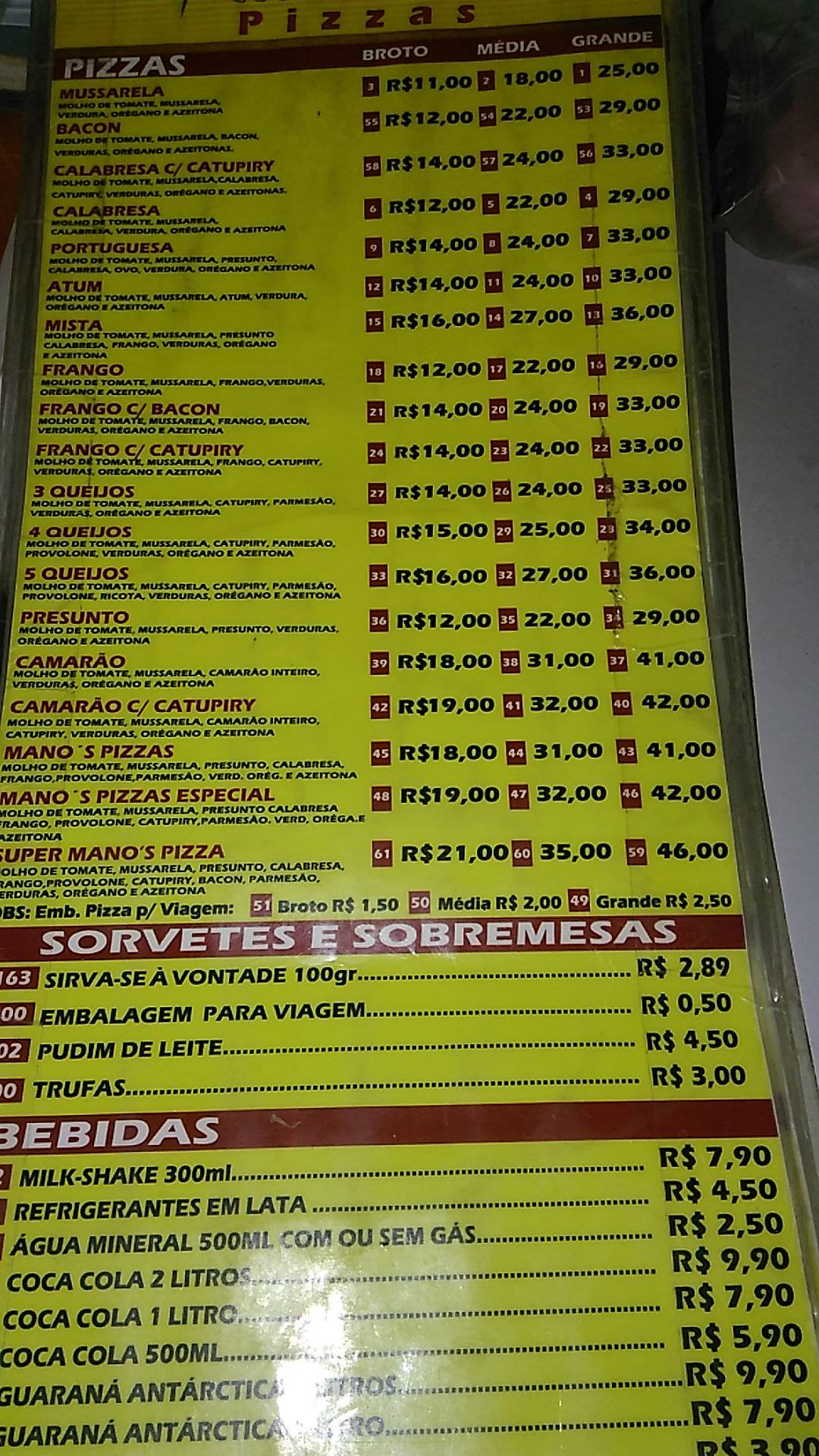 Menu em Mano's Pizzas pizzaria, Recife