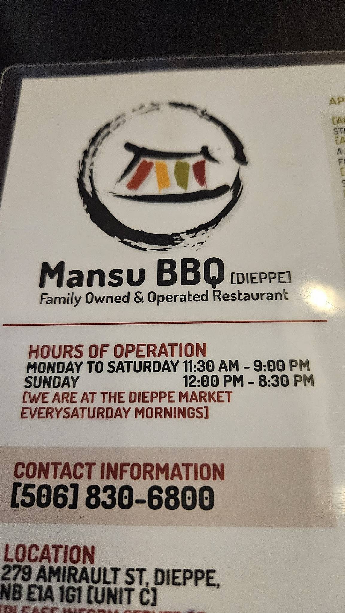 Menu au Mansu BBQ, Dieppe