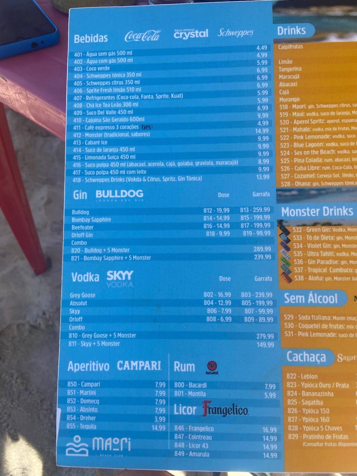 Menu em Maori Beach Club, Caucaia