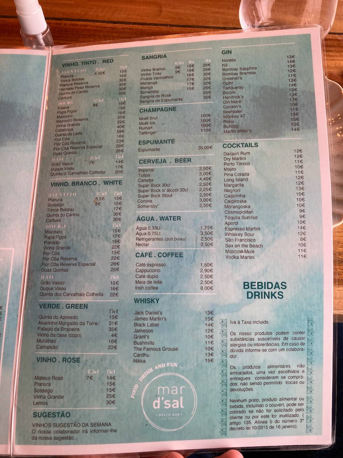 Menu at Mar d'Sal pub & bar, Estoril