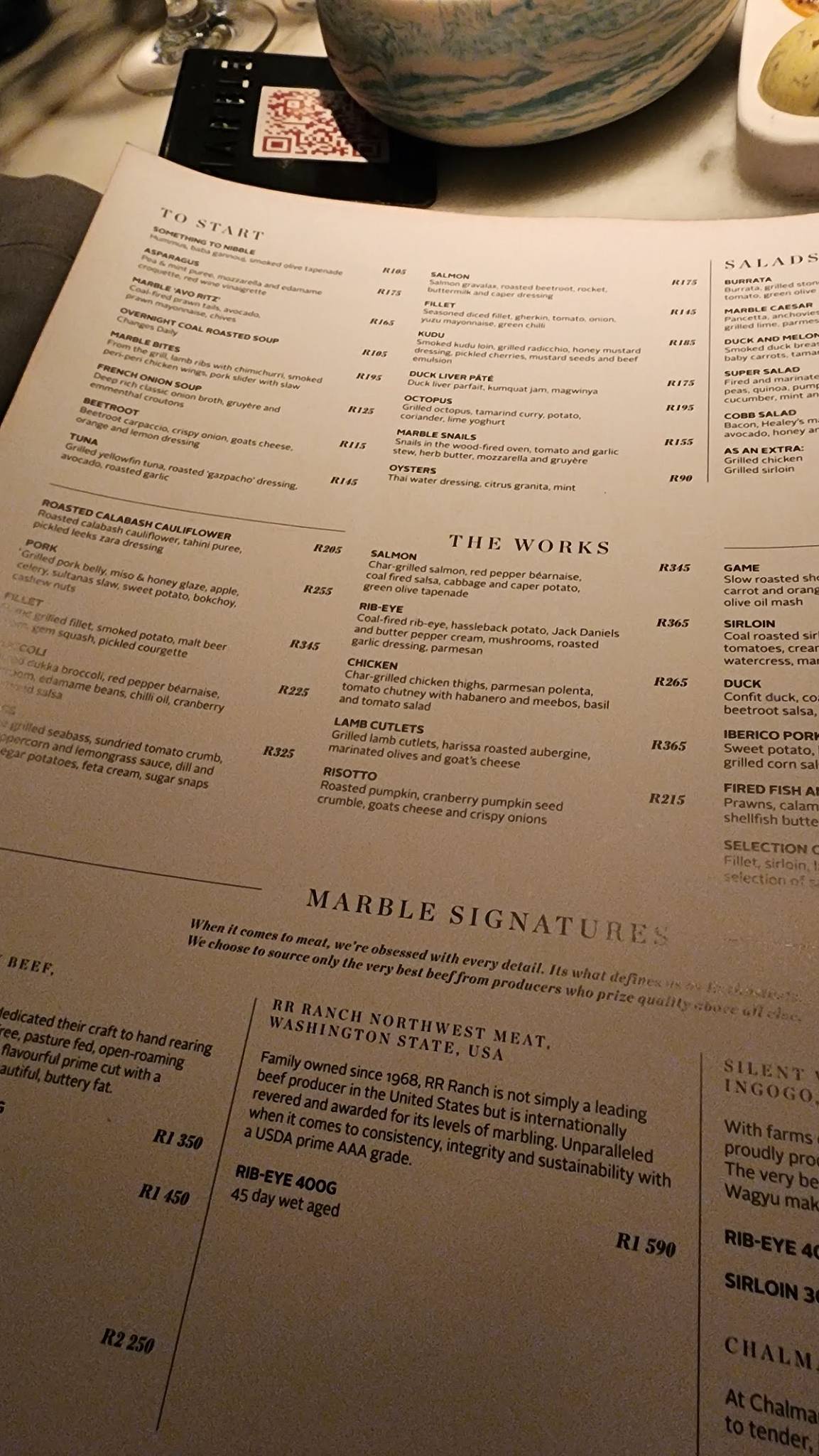 Menu at Marble Restaurant, Johannesburg