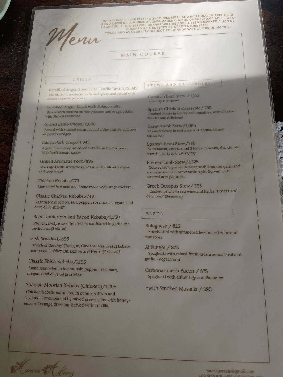 Menu at Marcia Adams' Restaurant, Tagaytay