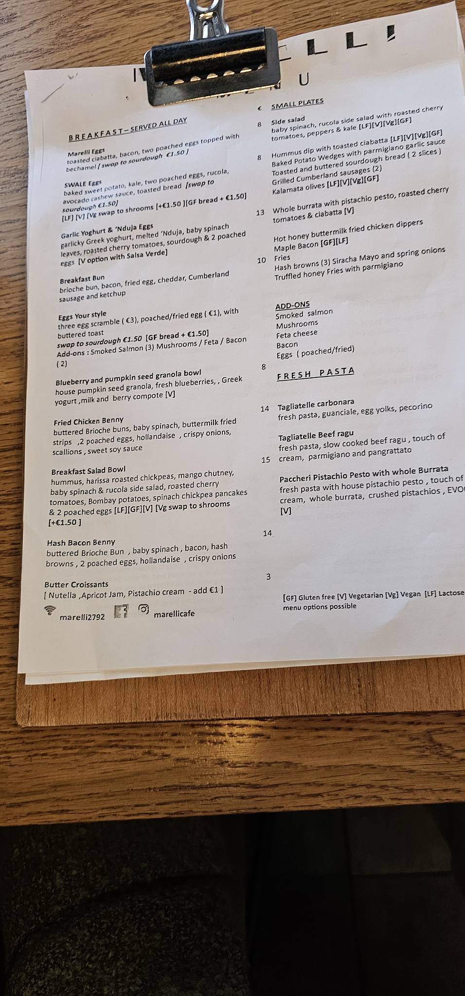 Carta de Marelli Cafe, Birkirkara