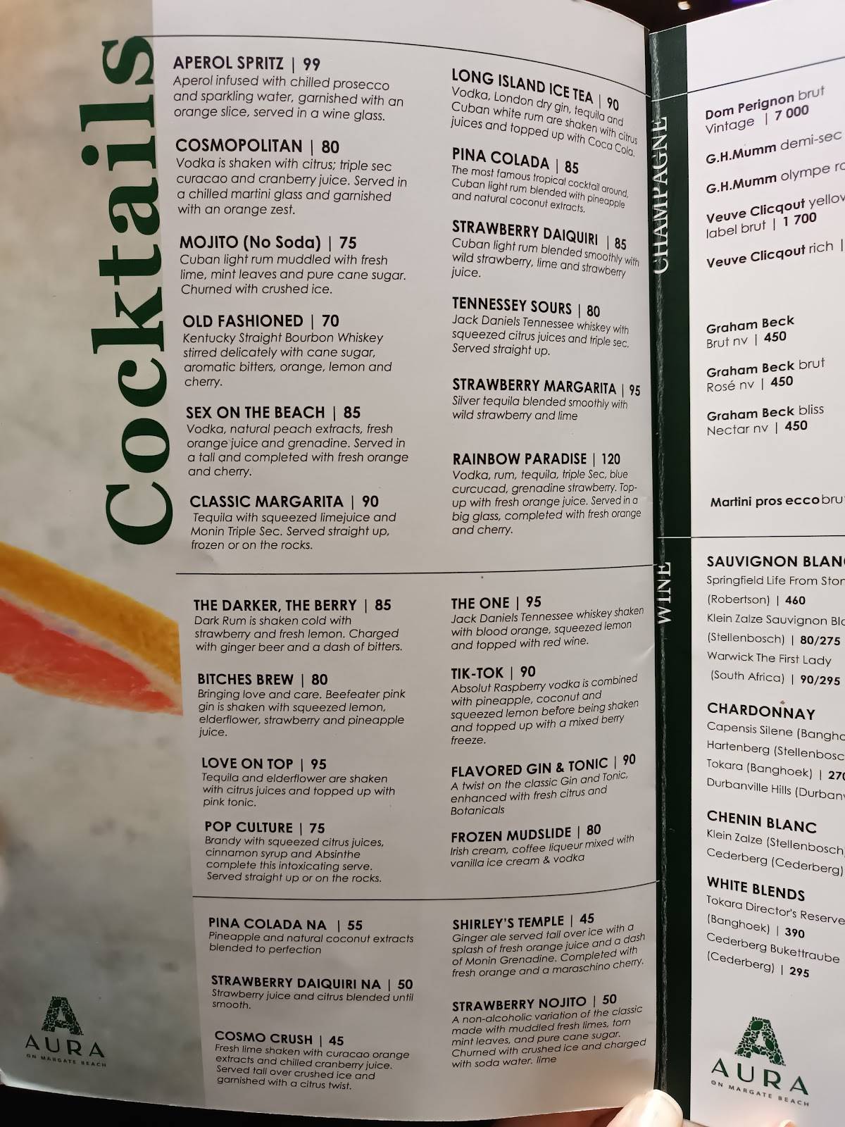 Menu at Aura on Margate Beach restaurant, Margate
