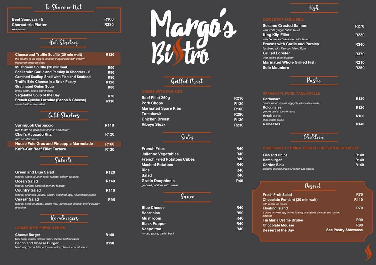Menu at Margo's Bistro restaurant, Johannesburg