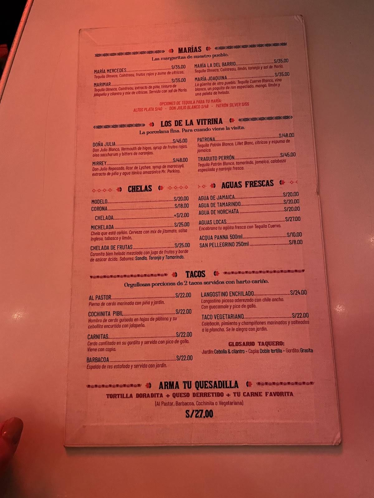 Carta del pub y bar Maria Mezcal, Miraflores