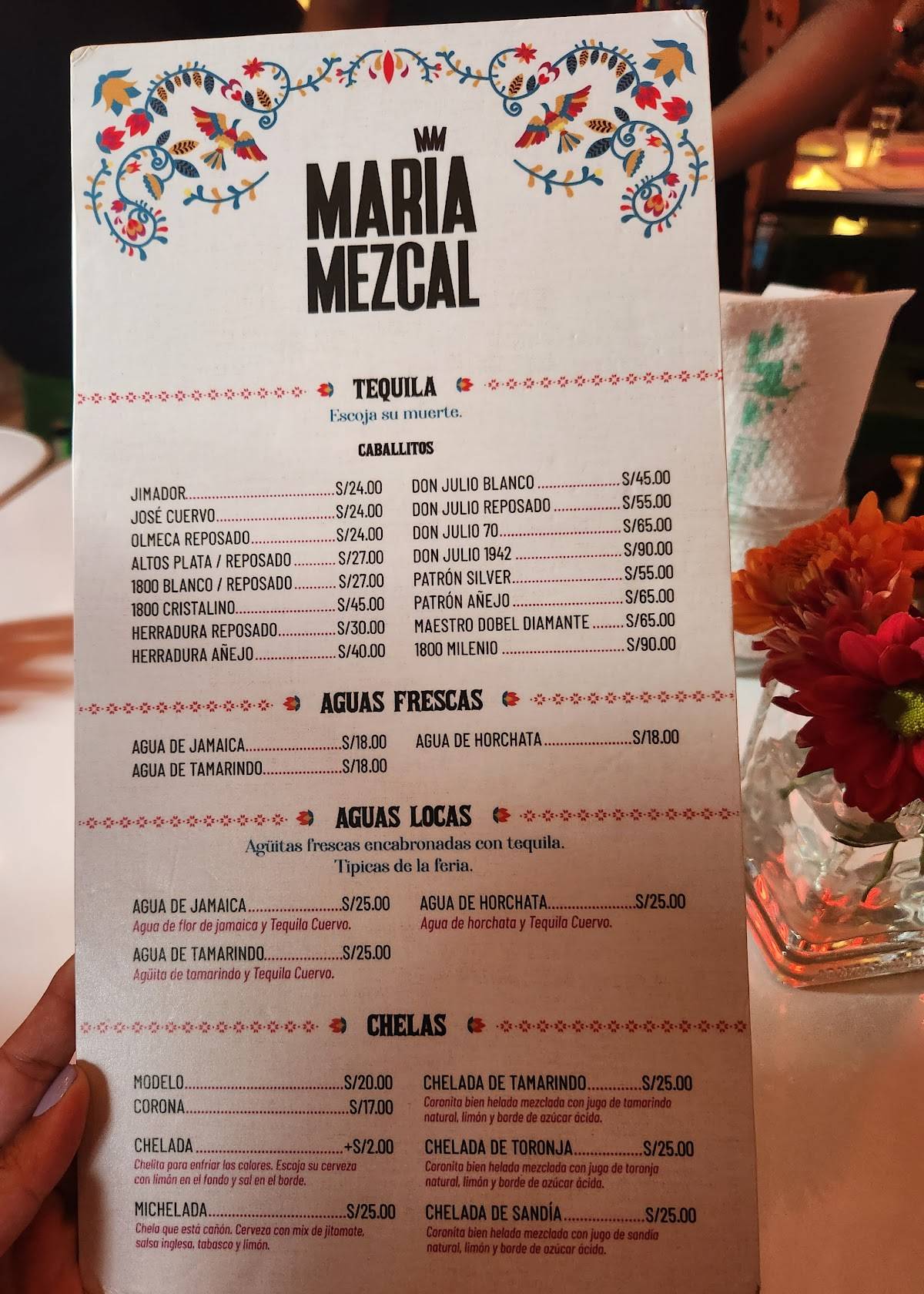 Carta del pub y bar Maria Mezcal, Miraflores