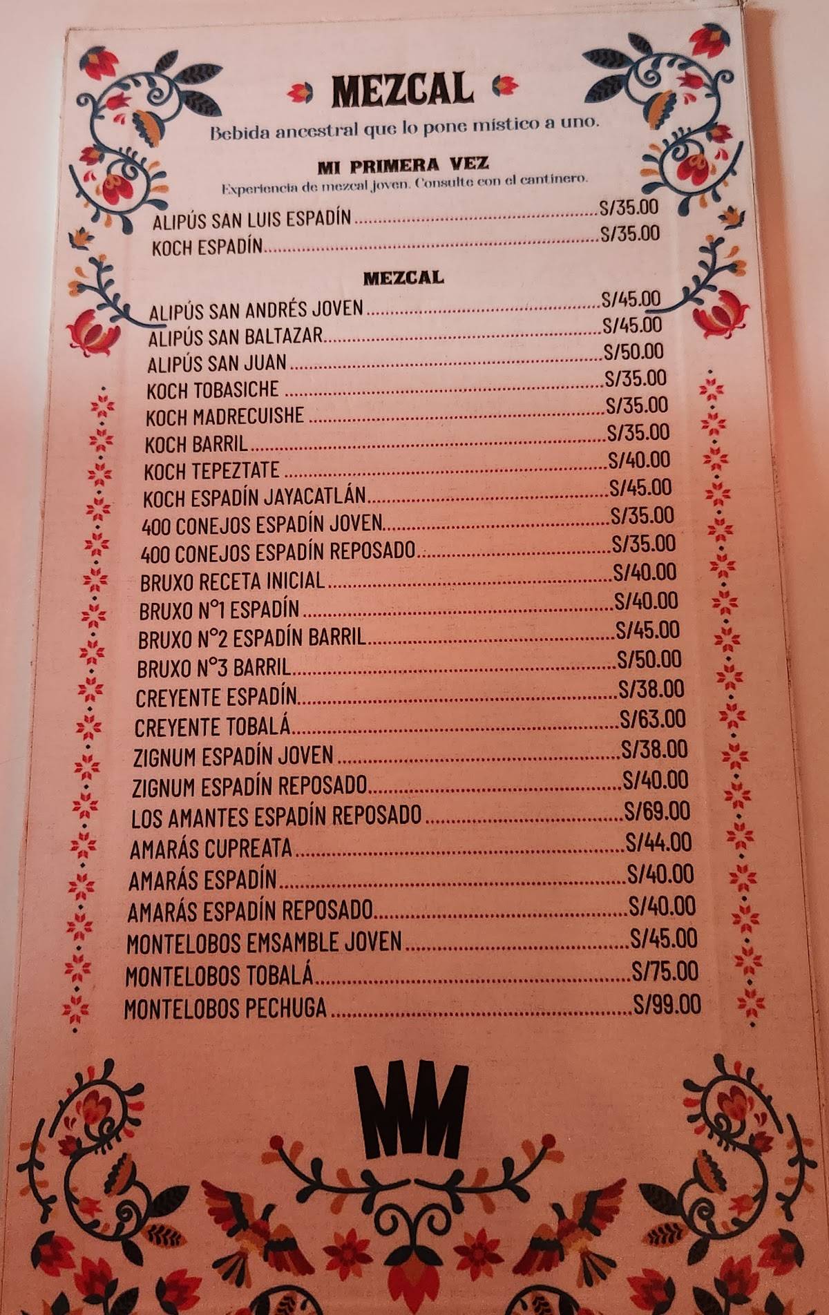 Carta del pub y bar Maria Mezcal, Miraflores