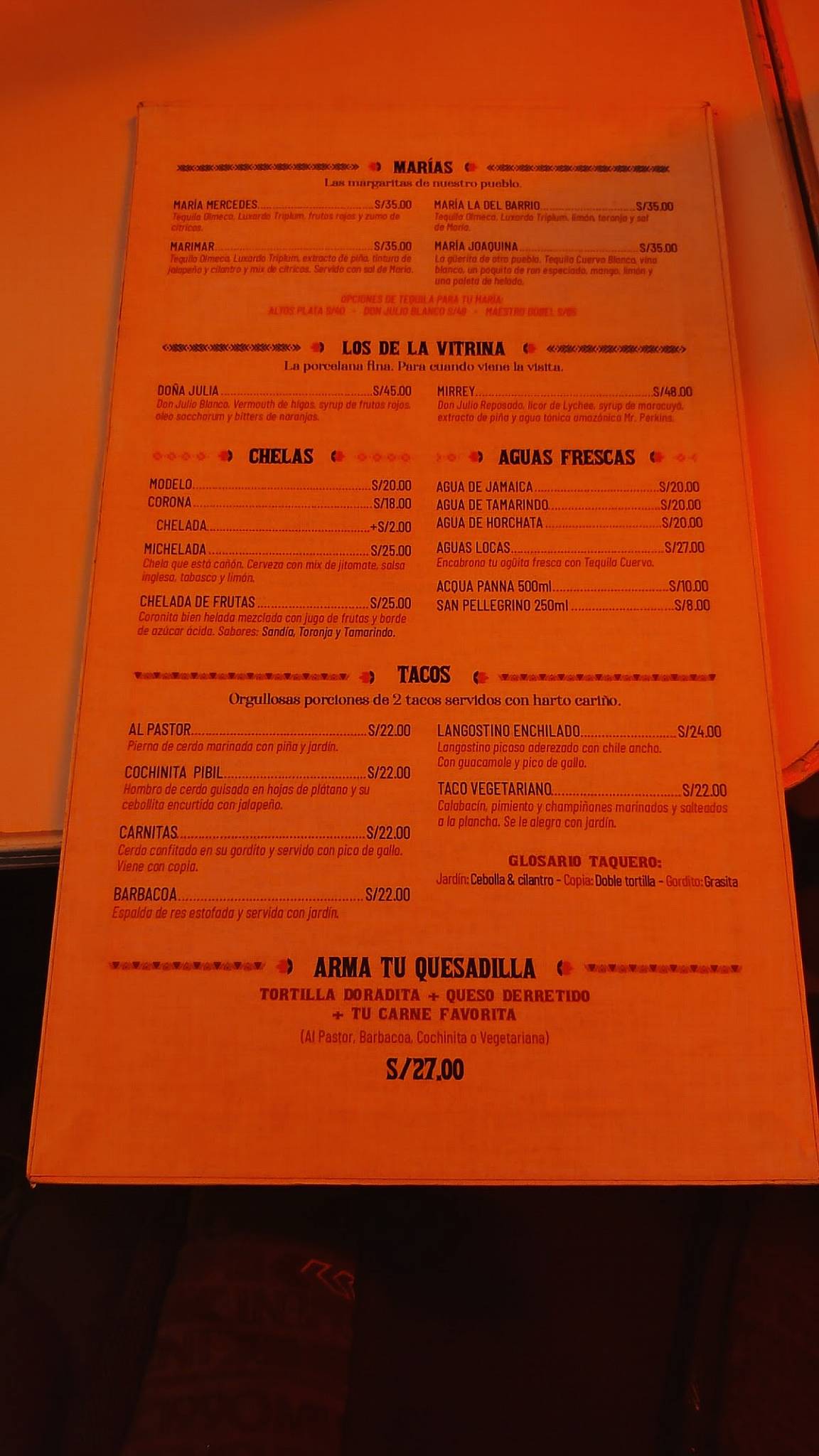 Carta del pub y bar Maria Mezcal, Miraflores