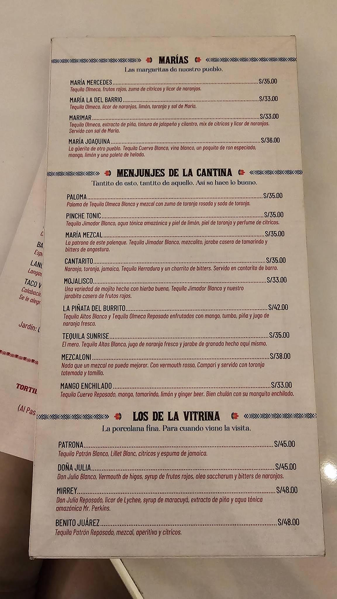 Carta del pub y bar Maria Mezcal, Miraflores