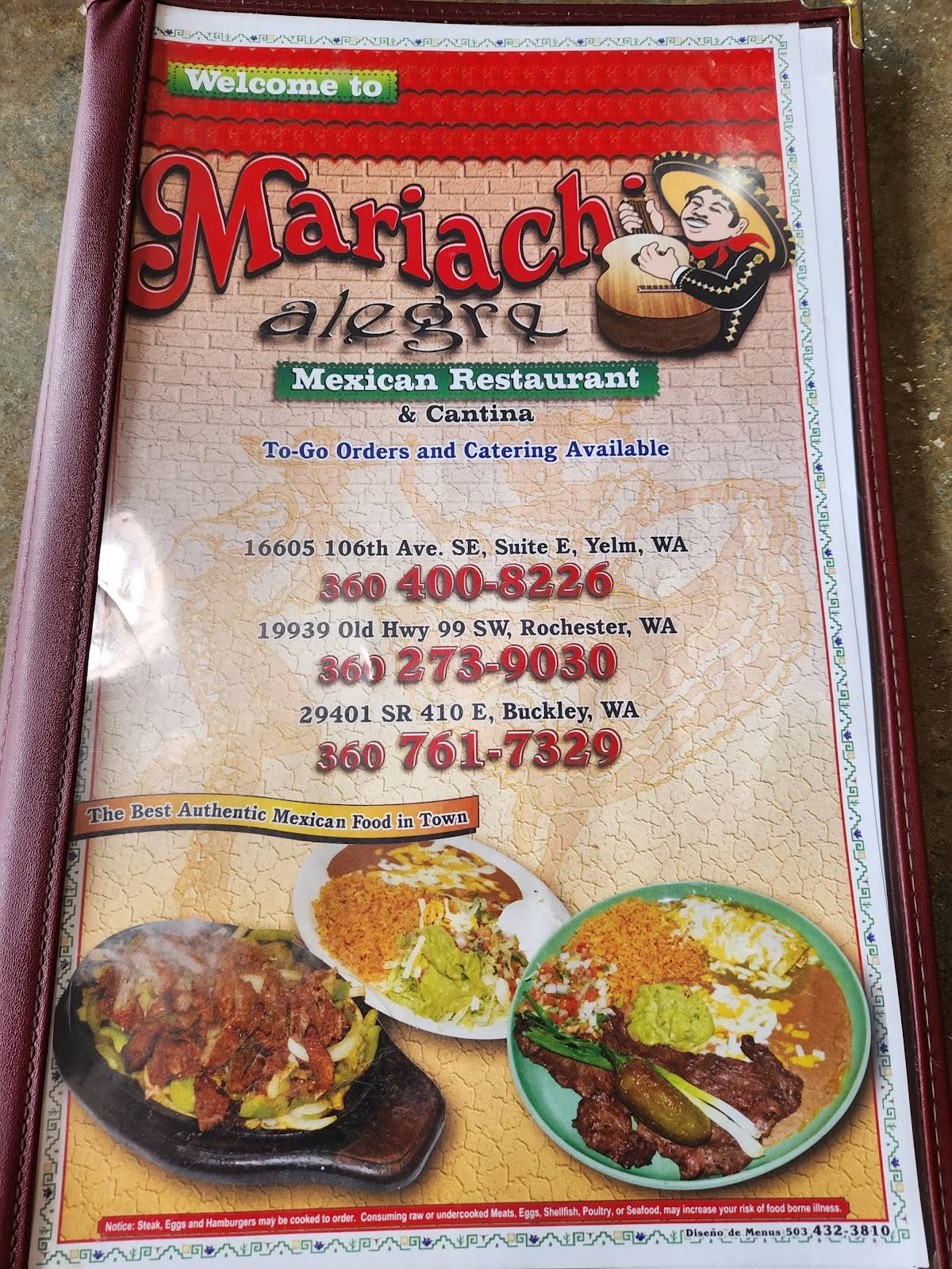 Menu at Mariachi Alegre restaurant, Rochester