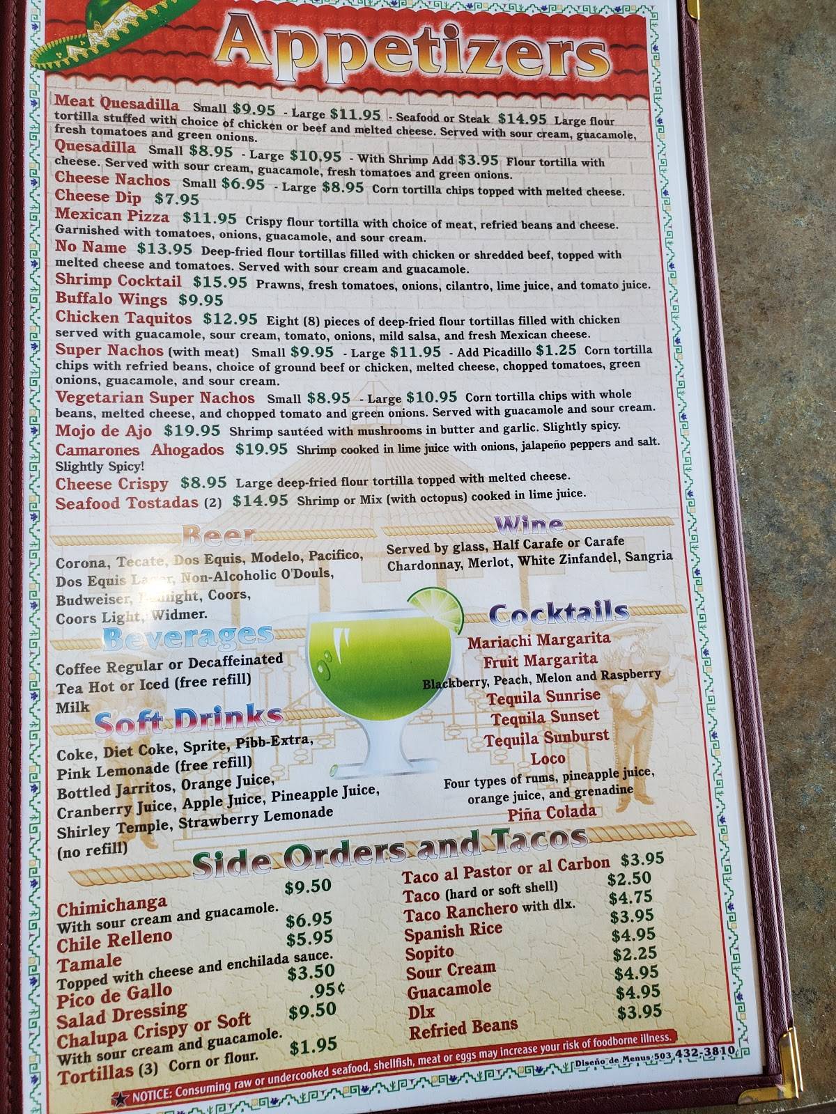 Menu at Mariachi Alegre restaurant, Rochester