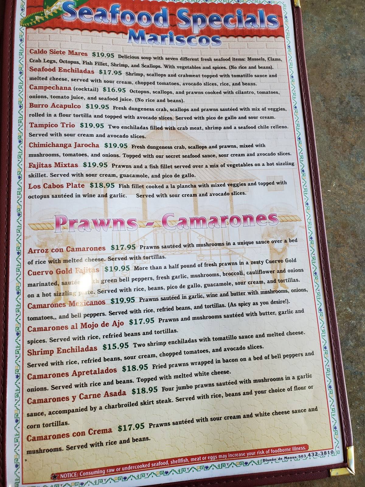 Menu at Mariachi Alegre restaurant, Rochester