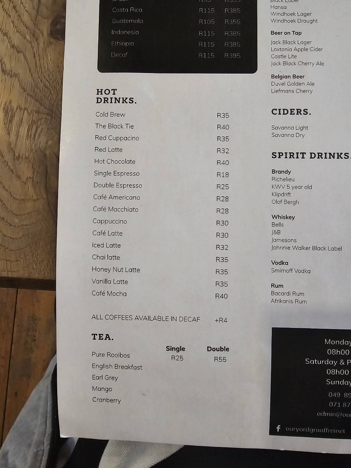 Menu at Maria’s Coffee restaurant, Graaff-Reinet