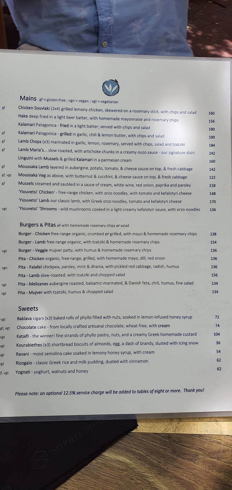 Menu at Maria's Greek Café restaurant, Cape Town