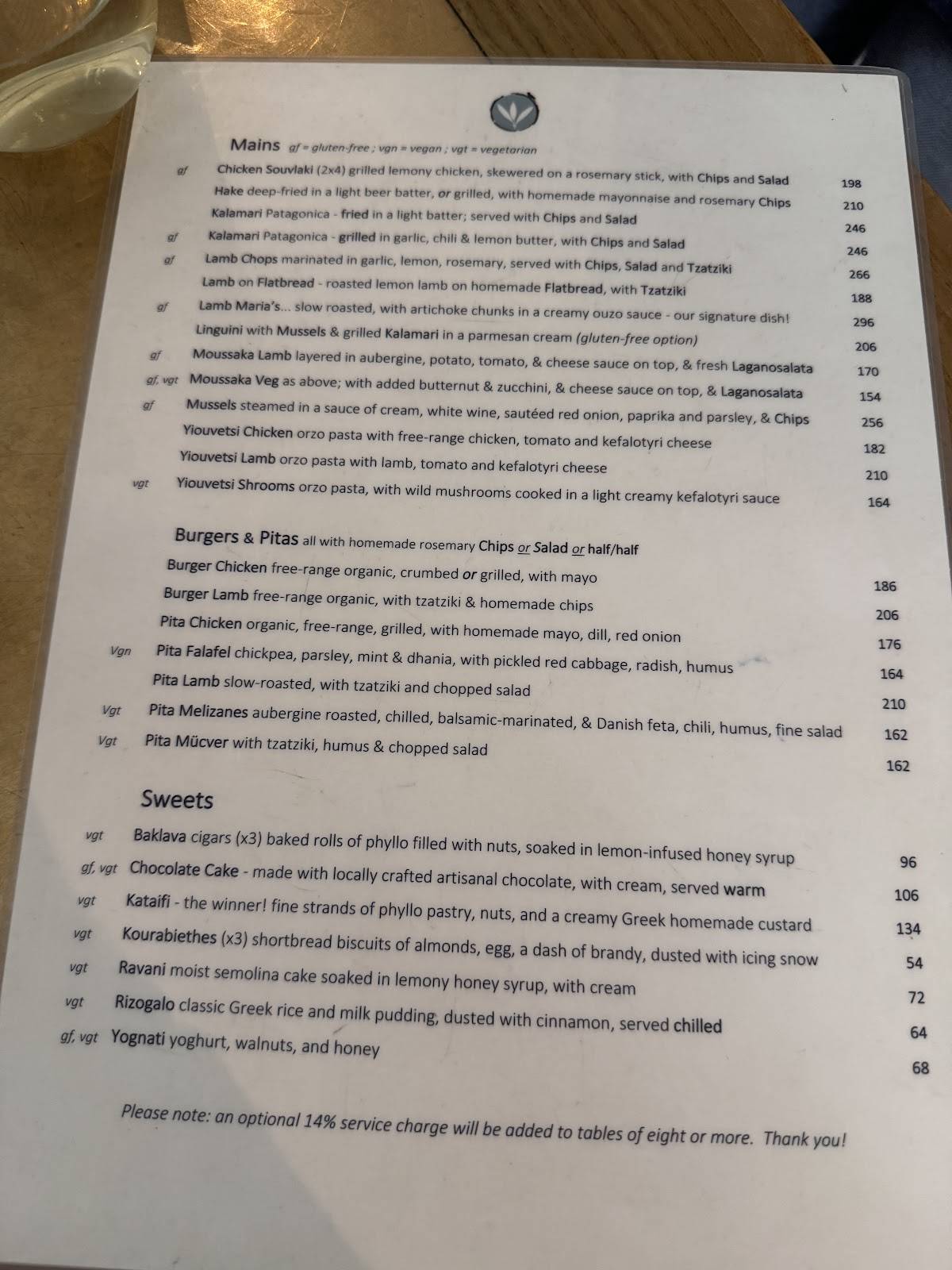 Menu at Maria's Greek Café restaurant, Cape Town