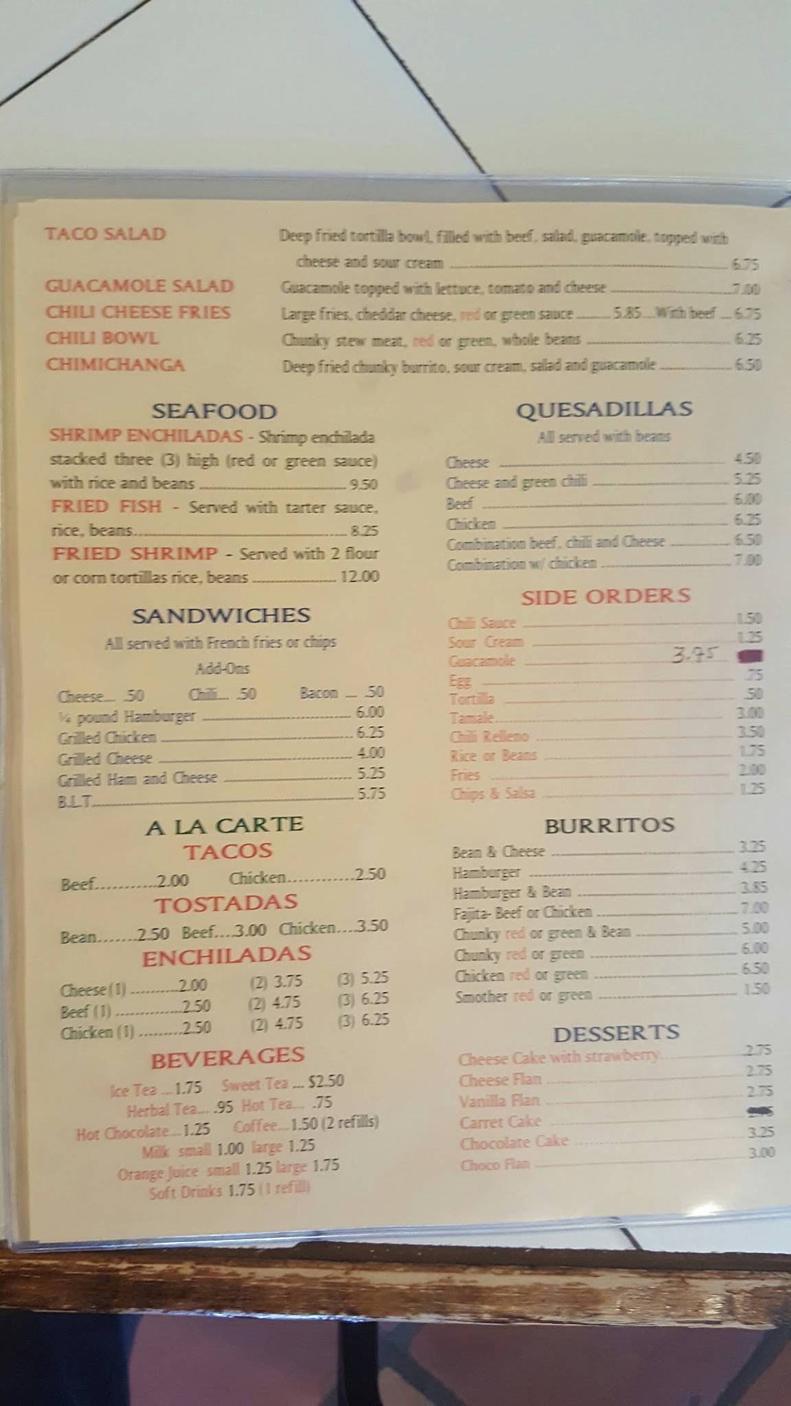 Menu at Marias restaurant, Truth or Consequences
