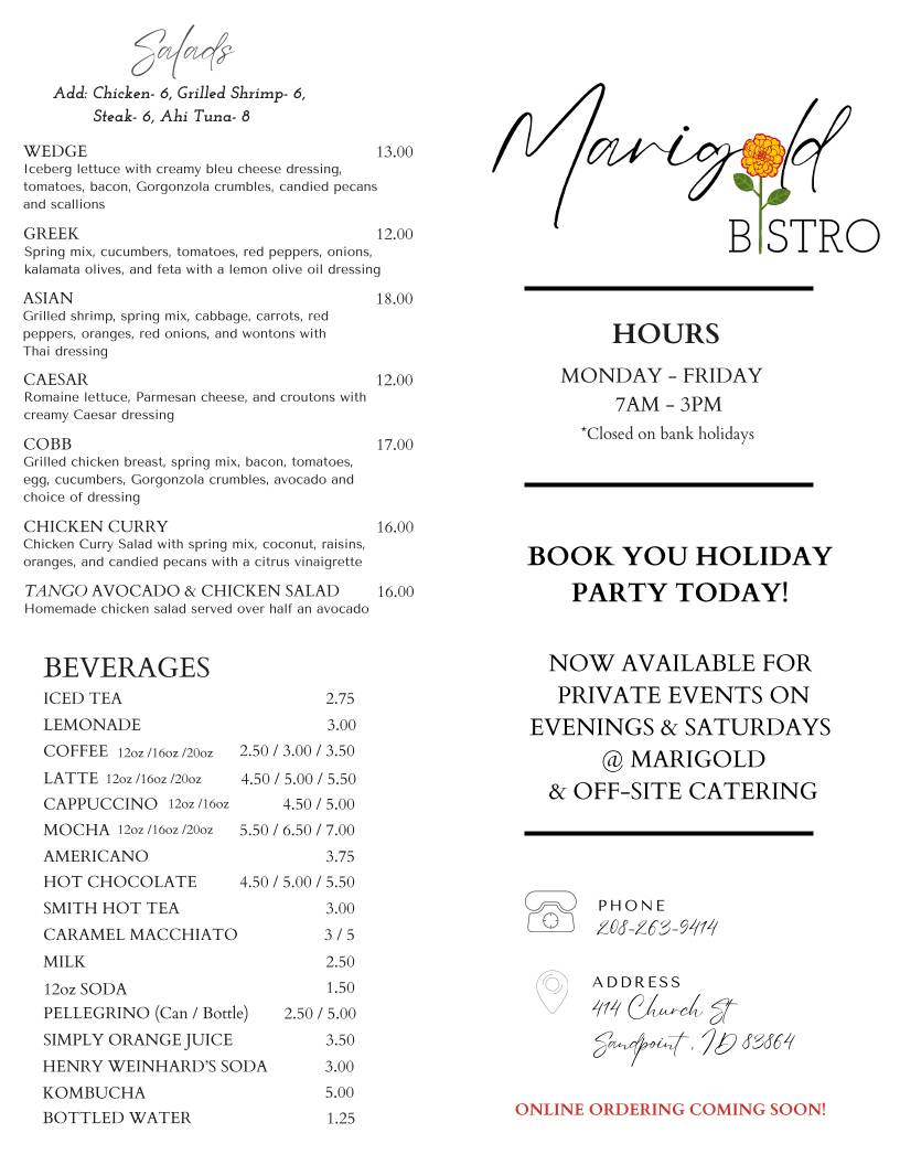 Menu at Marigold Bistro cafe, Sandpoint