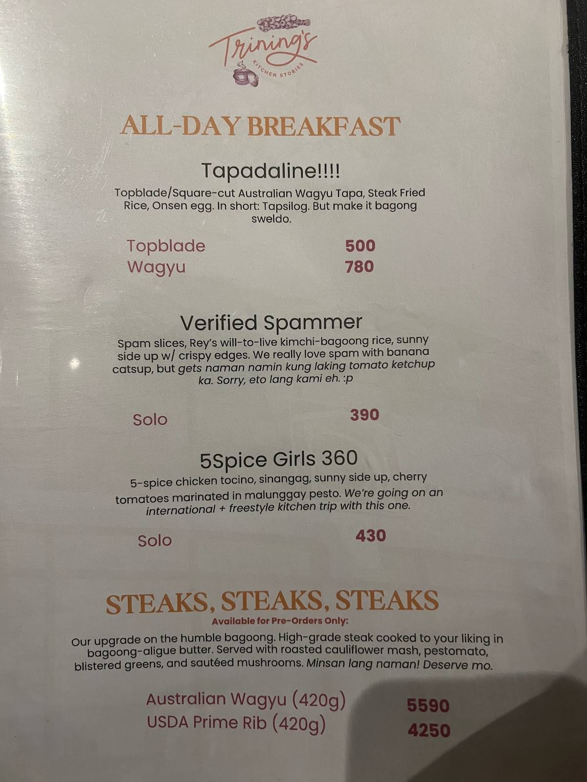Menu at Trining’s Kitchen Stories restaurant, Marikina