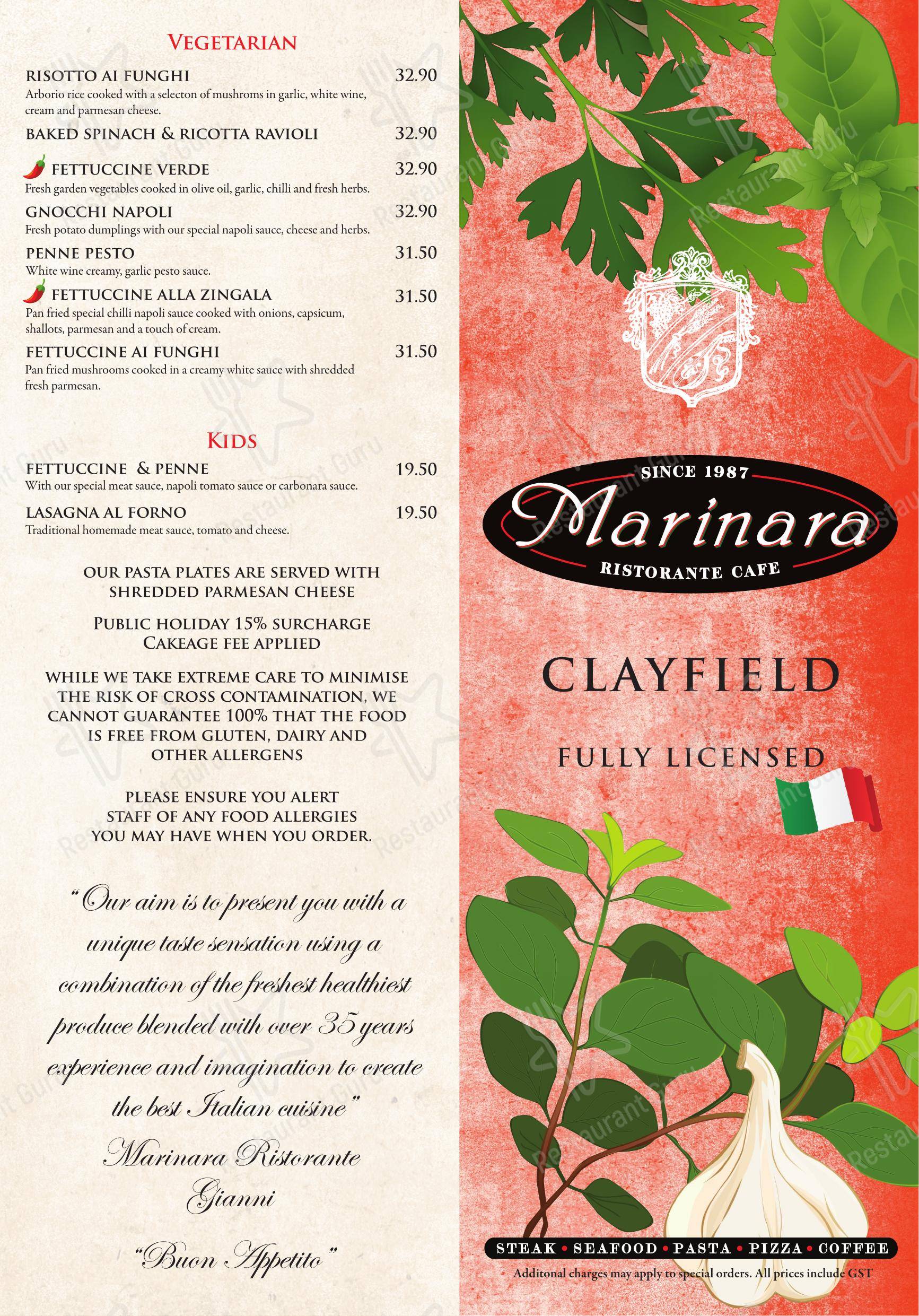 Menu at Marinara Restaurant Clayfield, Clayfield