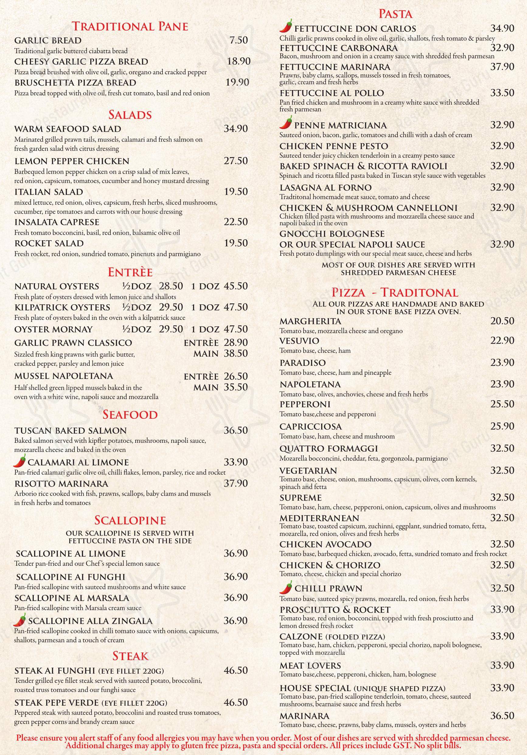 Menu at Marinara Restaurant Clayfield, Clayfield