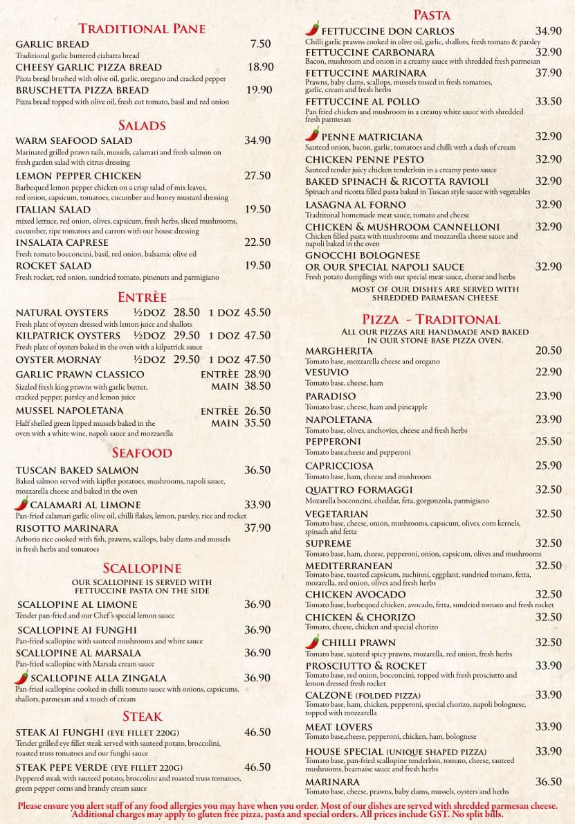 Menu at Marinara Restaurant Clayfield, Clayfield