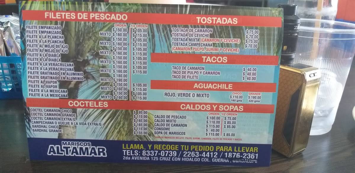 Carta del restaurante Mariscos altamar, Guadalupe