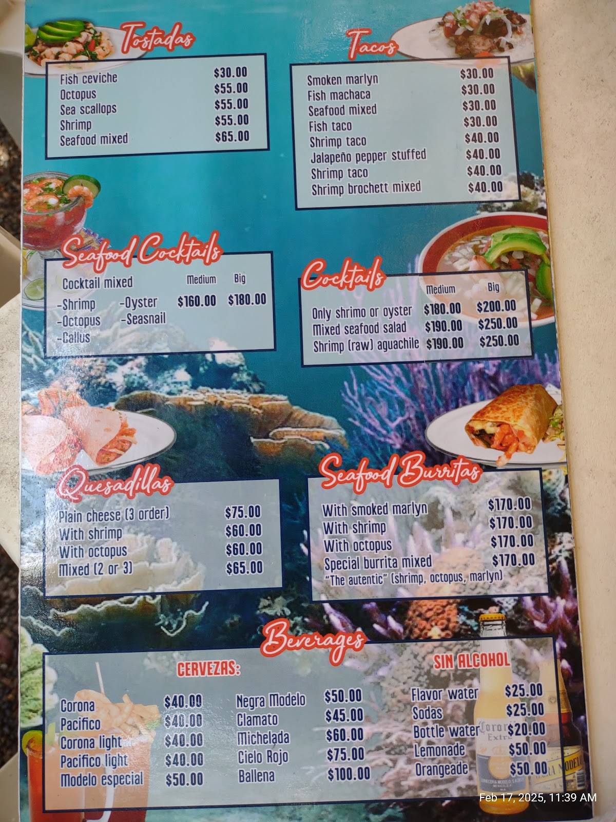 Menu at Mariscos Cisneros restaurant, Puerto Vallarta, Aguacate 271
