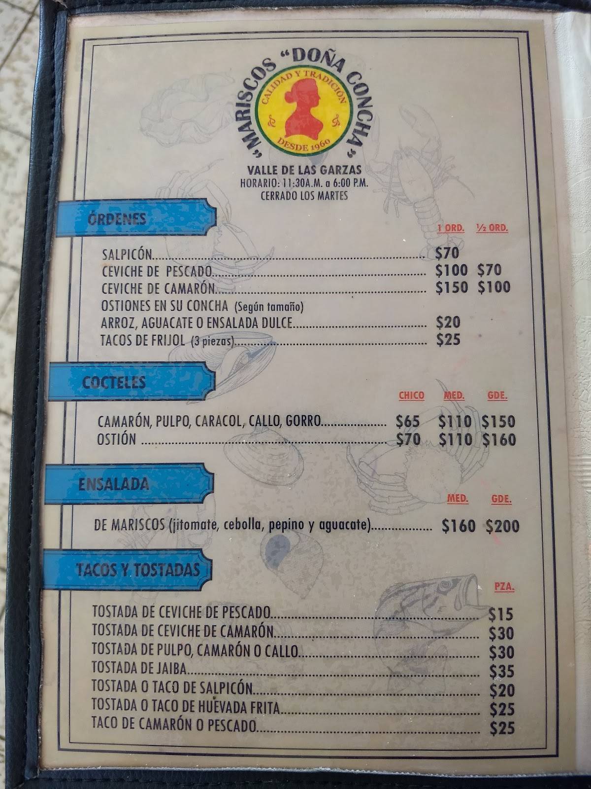 Carta del restaurante Mariscos "Doña Concha", Manzanillo, Damián Ochoa 4
