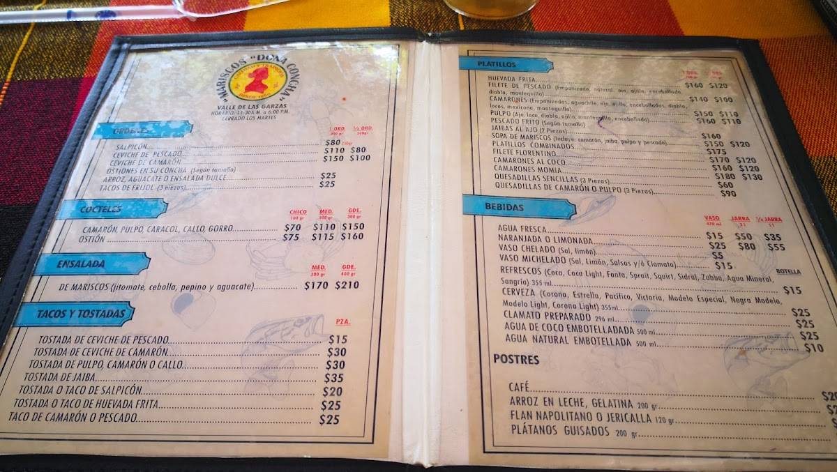 Carta del restaurante Mariscos "Doña Concha", Manzanillo, Damián Ochoa 4