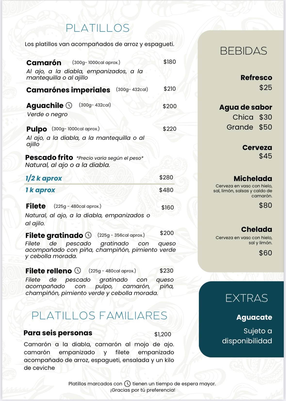 Carta del restaurante Mariscos El Guardián del la Bahía, Colima