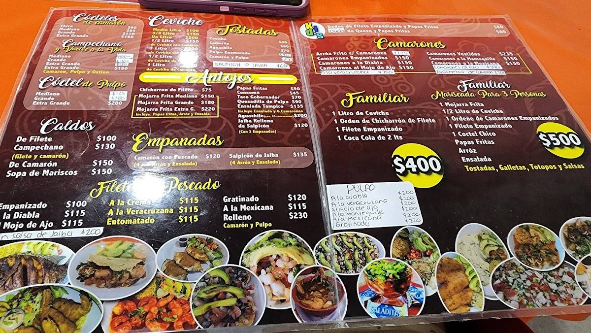 Menu at Mariscos Tampico restaurant, Nuevo Laredo