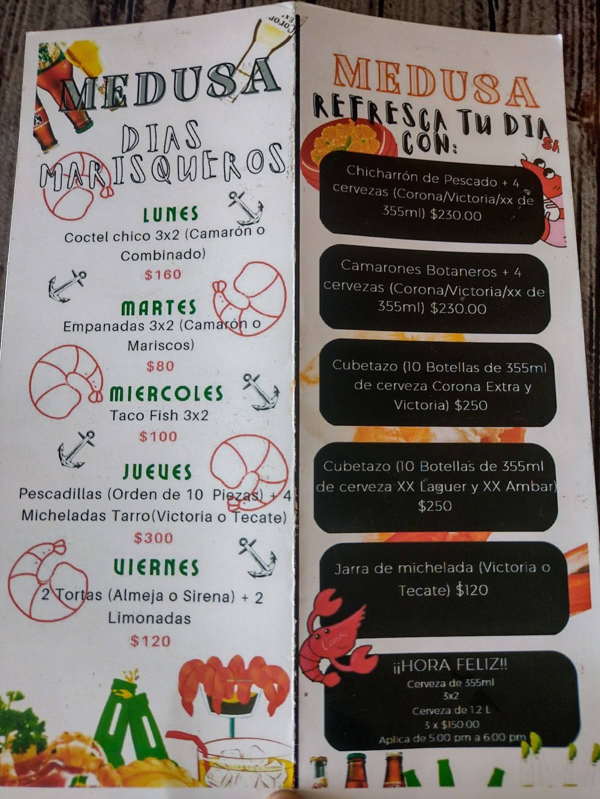 Menu at Marisquería Medusa restaurant, Apizaco