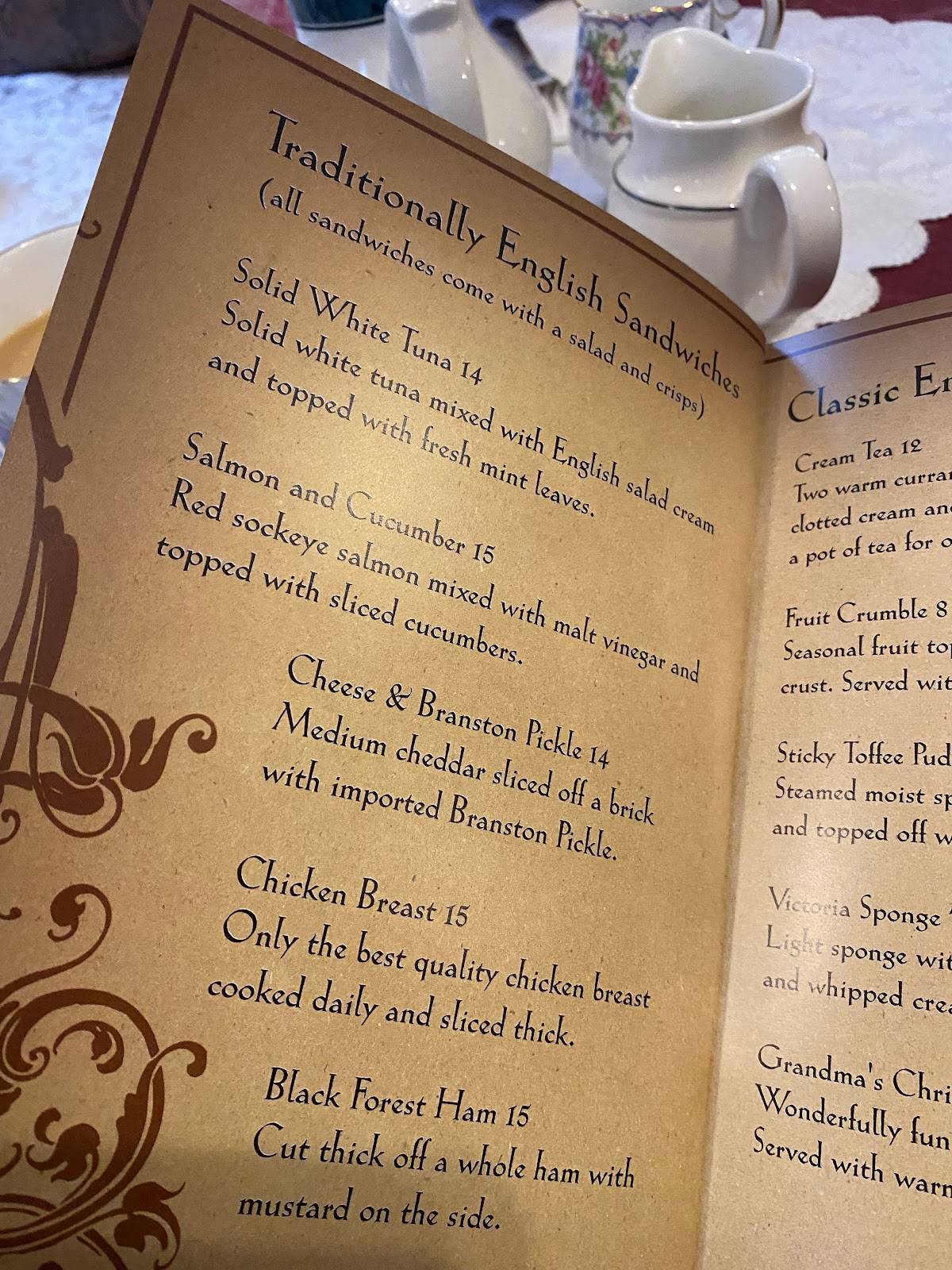 Menu at The Old Curiosity Tea Shop desserts, Markham
