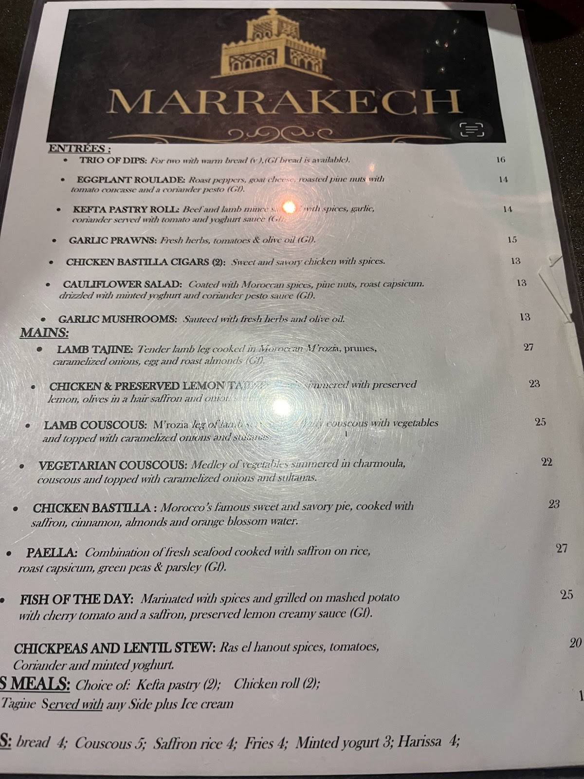 Menu at Marrakech restaurant, Maroochydore